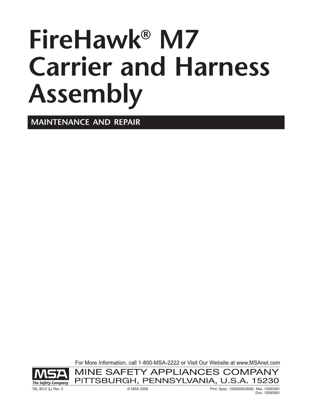 MSA FireHawk M7 Maintenance And Repair Manual | Manualzz