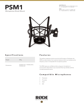 Rode Microphones PSM1 Microphone Shock Mount Datasheet | Manualzz
