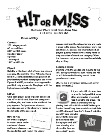 Hit or Miss Game User Manual | Manualzz