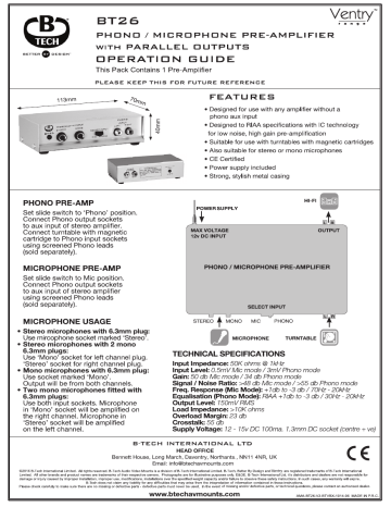 BT26 Phono/Microphone Pre-Amplifier Operation Guide | Manualzz