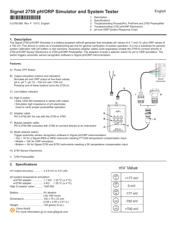 Signet 2759 pH/ORP Simulator User Manual | Manualzz