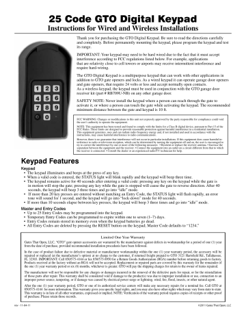 GTO Digital Keypad Instructions | Manualzz