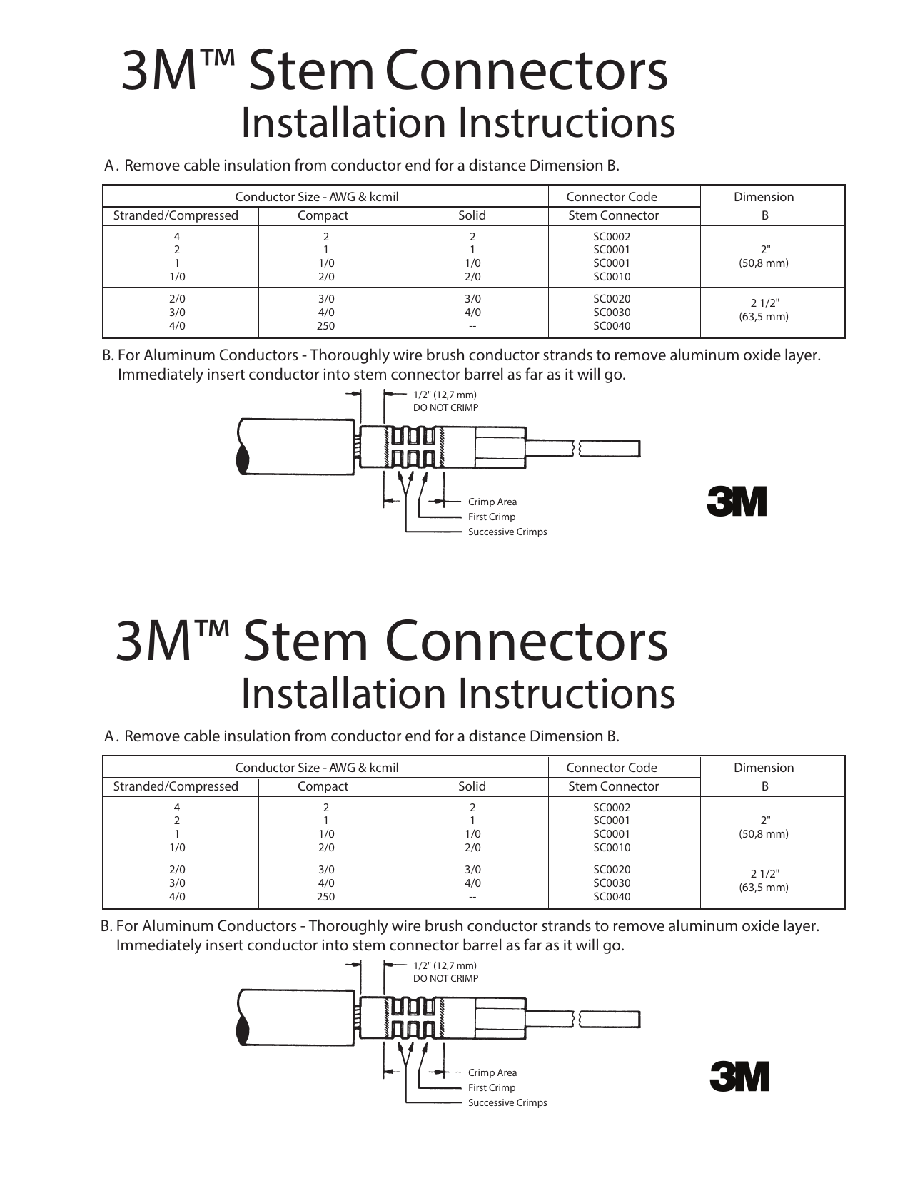 3M Stem Connector SC0001, up to 35 kV, 2 AWG, 1 AWG, 1 AWG solid, 1/0 ...