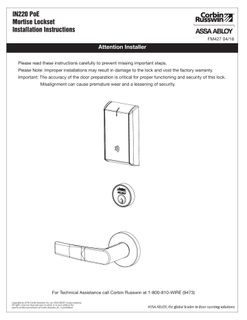 Corbin Russwin IN220 PoE Installation Instructions | Manualzz