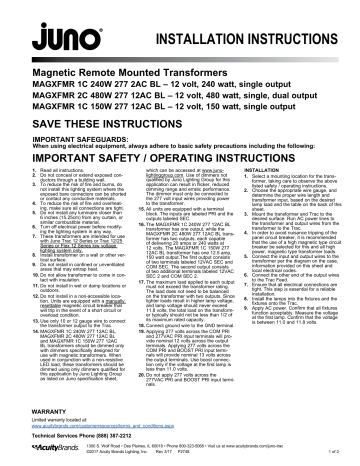 Juno MAGXFMR Transformer Installation Instructions | Manualzz