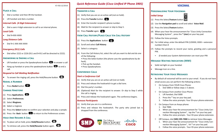 VOICEMAIL Quick Reference Guide (Cisco Unified IP Phone 3905) | Manualzz