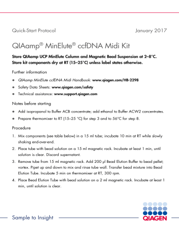 QIAGEN QIAamp MinElute ccfDNA Midi Kit Quick-Start Protocol | Manualzz