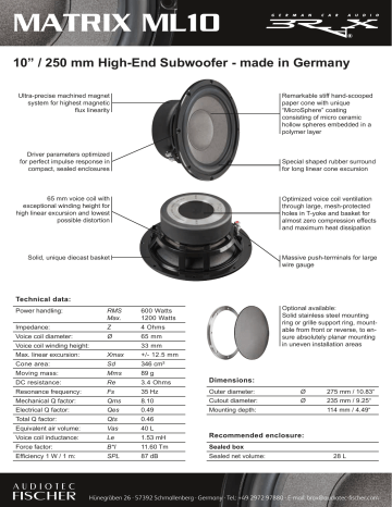 Audiotec Fischer BRAX MATRIX ML10 Subwoofer Data Sheet | Manualzz