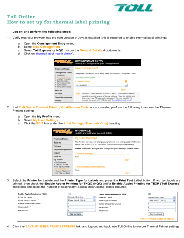 Toll Online - Thermal label printer Setup Guide | Manualzz