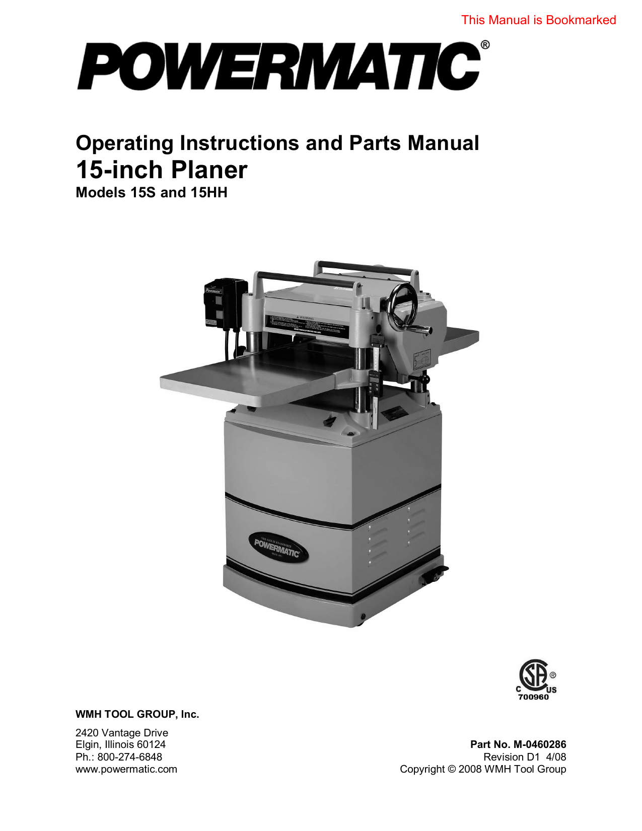 Powermatic 15-inch Planer | Manualzz