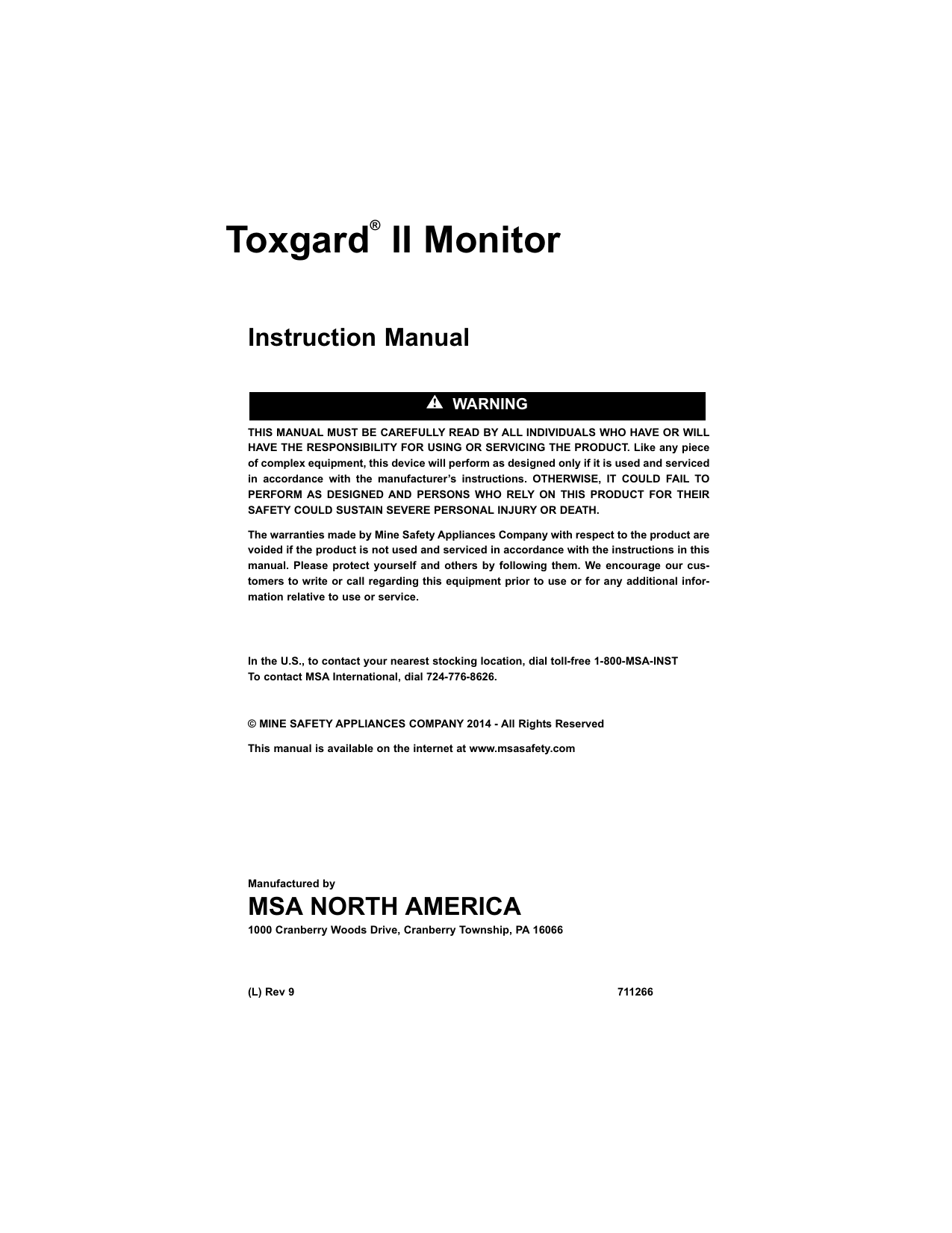 MSA Toxgard® II Gas Monitor Instruction manual | Manualzz