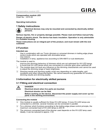 Gira Compensation Module LED Operating Instructions | Manualzz