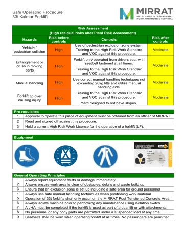 Safe Operating Procedure 33t Kalmar Forklift | Manualzz