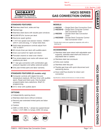 HOBART HGC5 Convection Oven Spec Sheet | Manualzz