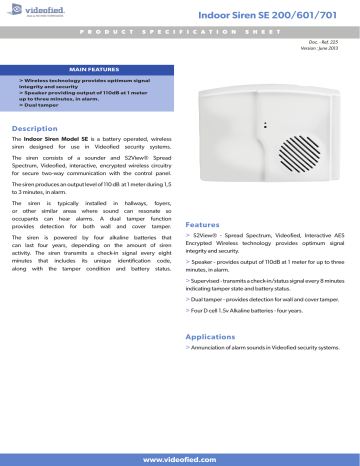 Videofied Indoor Siren Spec sheet | Manualzz