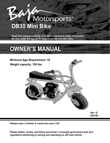 Bajaj Motorsport DB30 Mini Bike Owner's Manual | Manualzz