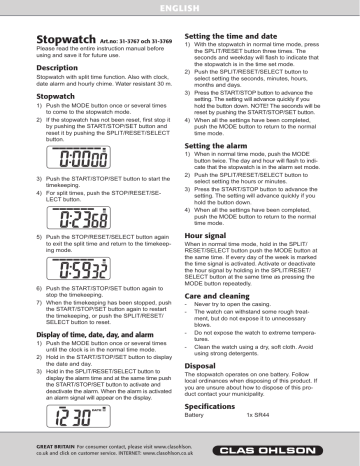 Stopwatch 31-3767, 31-3769 - User Manual | Manualzz