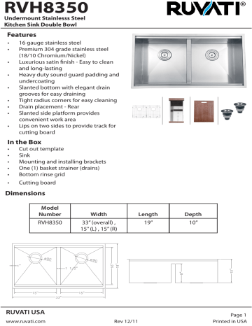 Ruvati RVH 8350 Undermount Stainless Steel Kitchen Sink User Manual ...