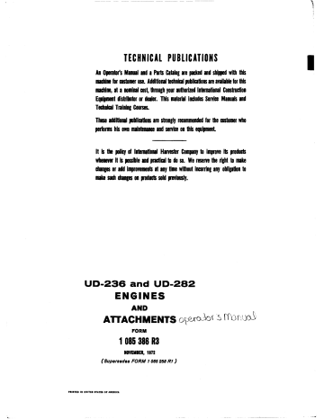 International Harvester UD 236 and UD 282 Diesel Engine Operator's ...