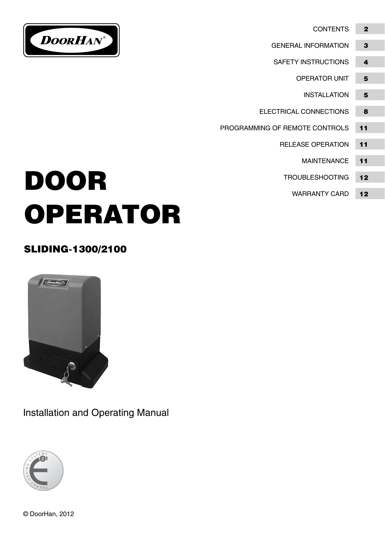 DoorHan SLIDING-2100 Installation and Operating manual | Manualzz
