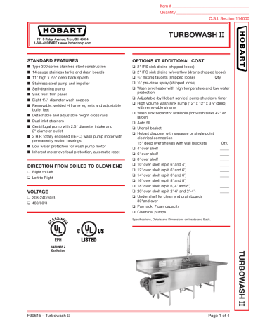 HOBART Turbowash II Spec Sheet | Manualzz