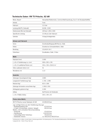 Vw T5 Technische Daten