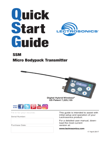 Lectrosonics SSM Micro Bodypack Transmitter Quick Start Guide | Manualzz