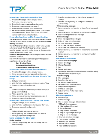 TPX Voice Mail Quick Reference Guide | Manualzz