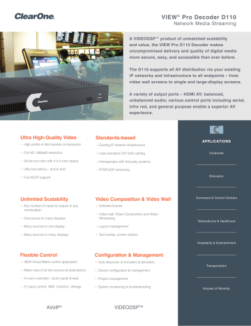 ClearOne VIEW Pro Decoder D110 Datasheet | Manualzz