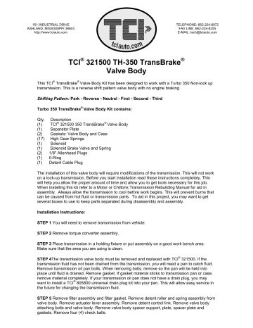 TCI TH-350 321500 TransBrake Valve Body Installation Instructions ...