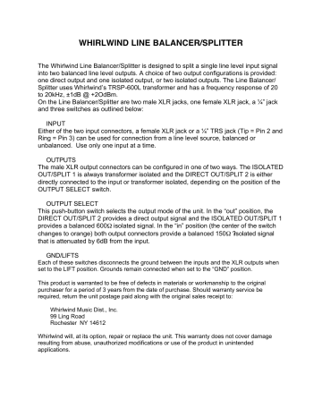 Whirlwind Line Balancer/Splitter User Manual | Manualzz