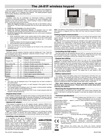 JA-81F wireless keypad User Manual | Manualzz