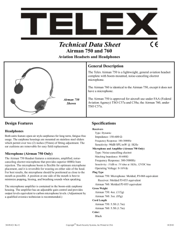 Telex Airman 750 Aviation Headsets Data Sheet | Manualzz