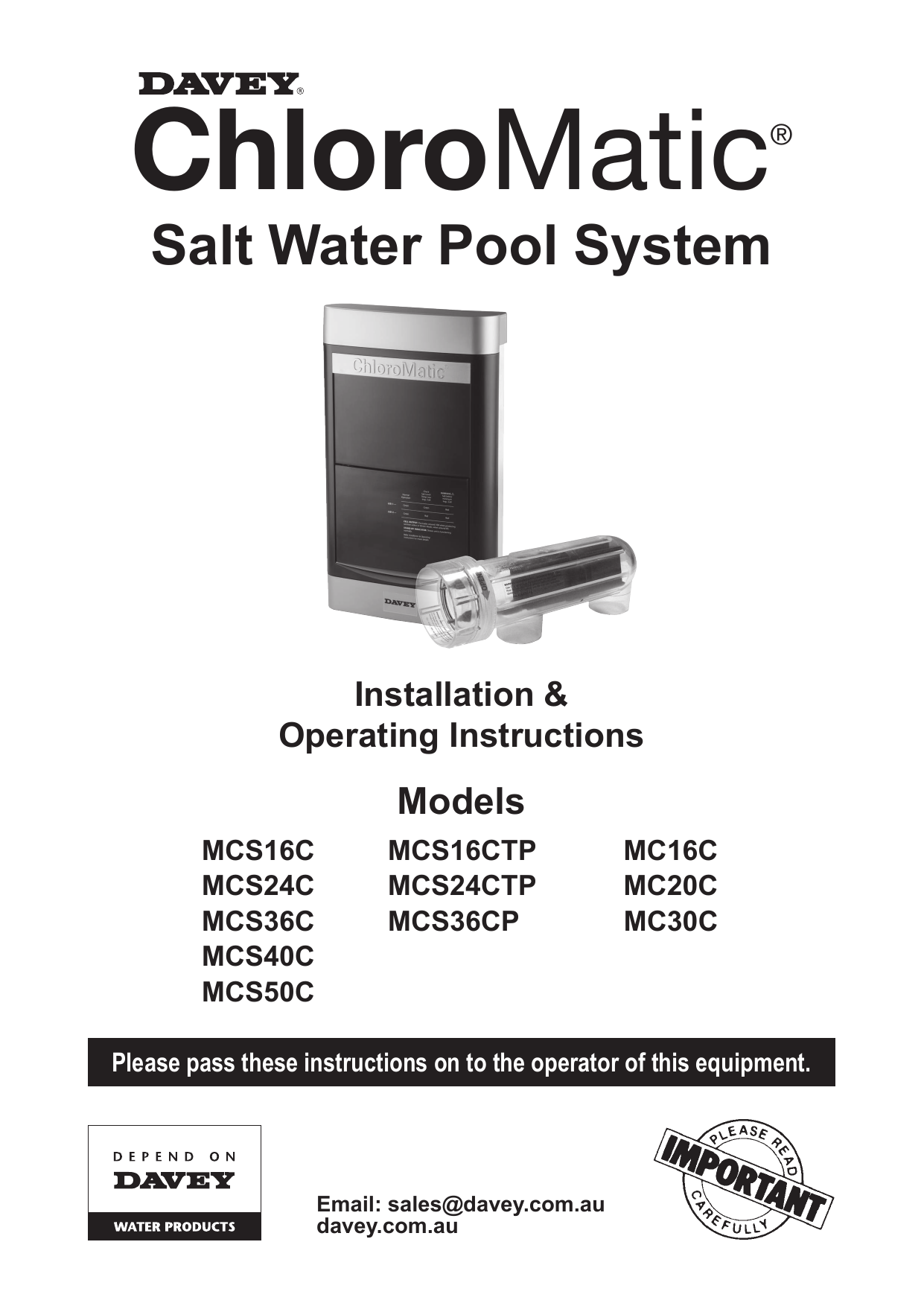 Davey ChloroMatic MC20C Installation & Operating Instructions Manual ...