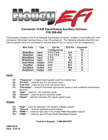 Holley EFI 558-400 Connector J1A/B Input/Outputs Auxiliary Harness Instructions | Manualzz