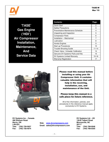 DV Systems TASE 5030, TASE 5000 Air Compressor User Manual | Manualzz