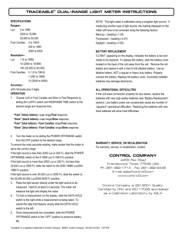 Traceable 3251 Dual Range LIght Meter Instruction | Manualzz