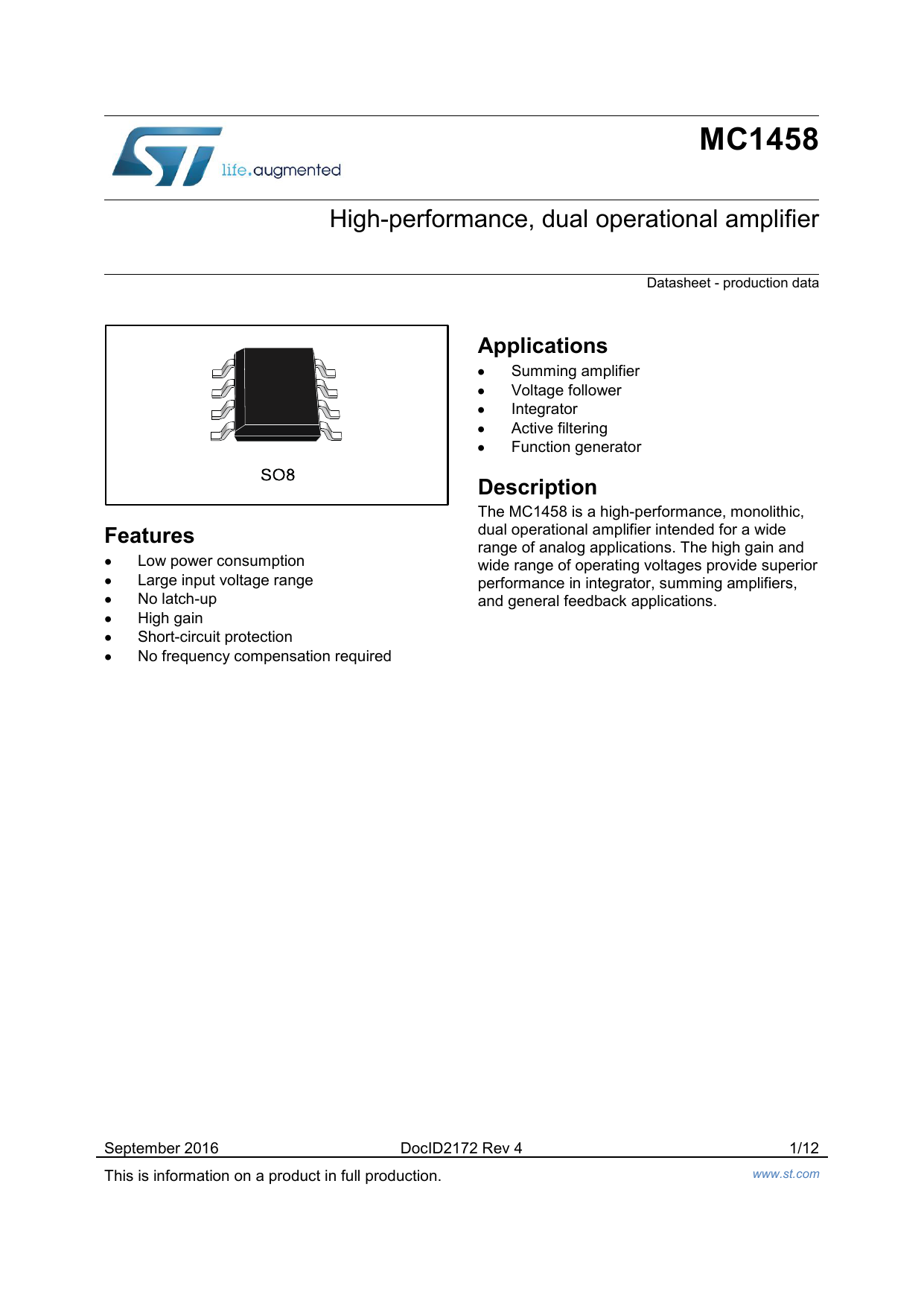STMicroelectronics MC1458 Datasheet | Manualzz