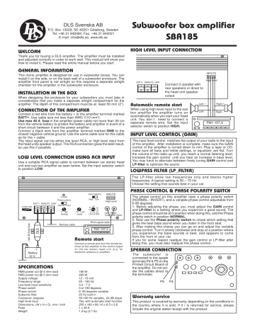 DLS SBA185 Subwoofer Box Amplifier User Manual | Manualzz