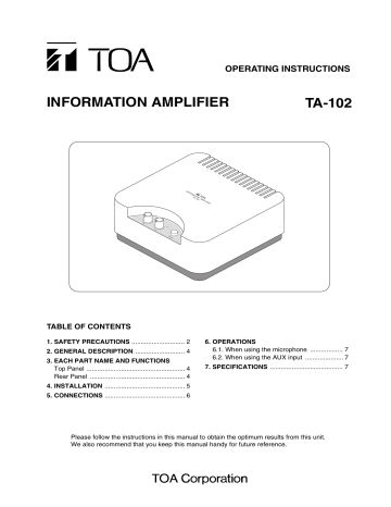 TOA TA-102 Information Amplifier Operating Instructions | Manualzz