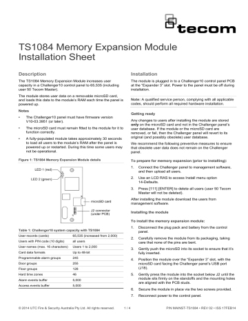 Tecom Memory Expansion Module TS1084 Installation Sheet | Manualzz