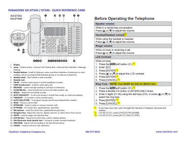 Panasonic KX-DT543 / DT346 Quick Reference Card | Manualzz