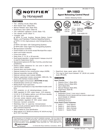 Notifier RP-1002 Agent Releasing Control Panel Data Sheet | Manualzz