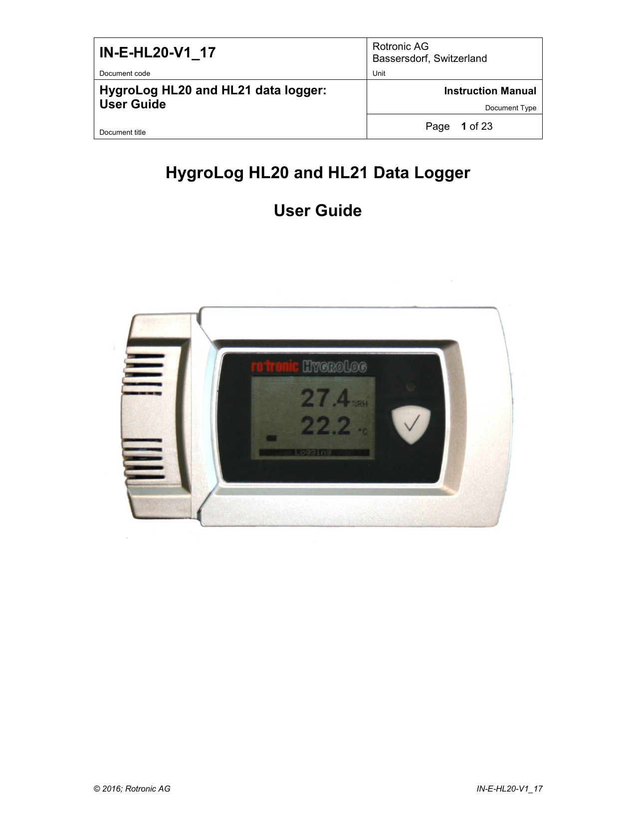 Rotronic HygroLog HL20 Owner's Manual | Manualzz