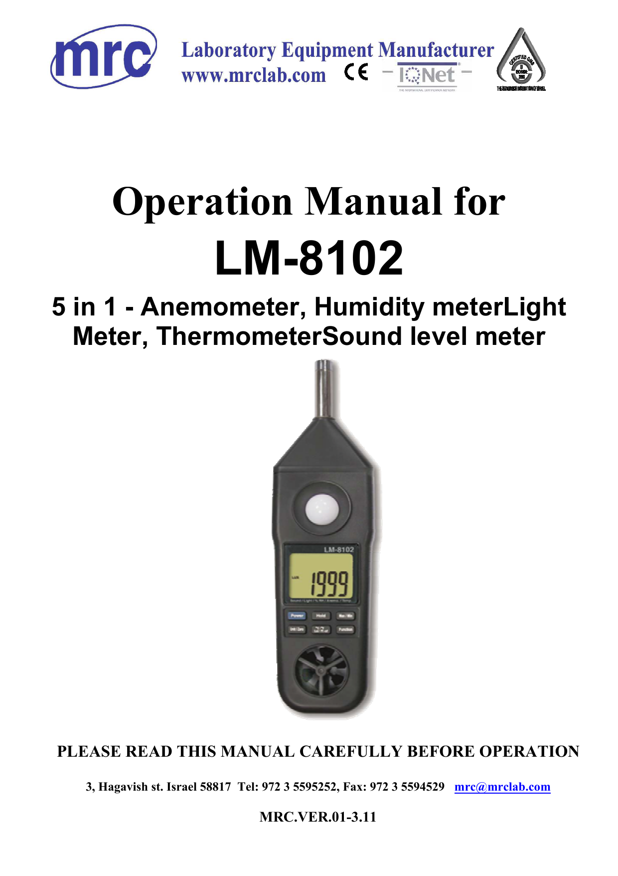 MRC LM-8102 Air flow, Humidity, Light,Thermometer,Sound meter Manual ...