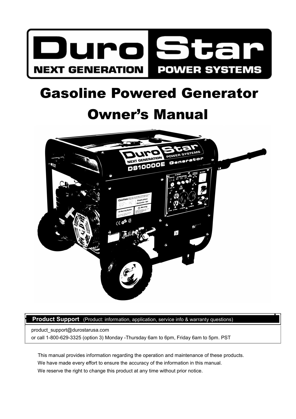 Owner`s Manual Gasoline Powered Generator | Manualzz