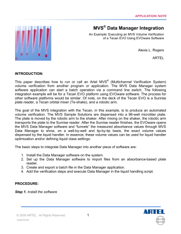 ARTEL MVS Data Manager, Tecan EVO, MVS Calibrator Plate Application Note | Manualzz