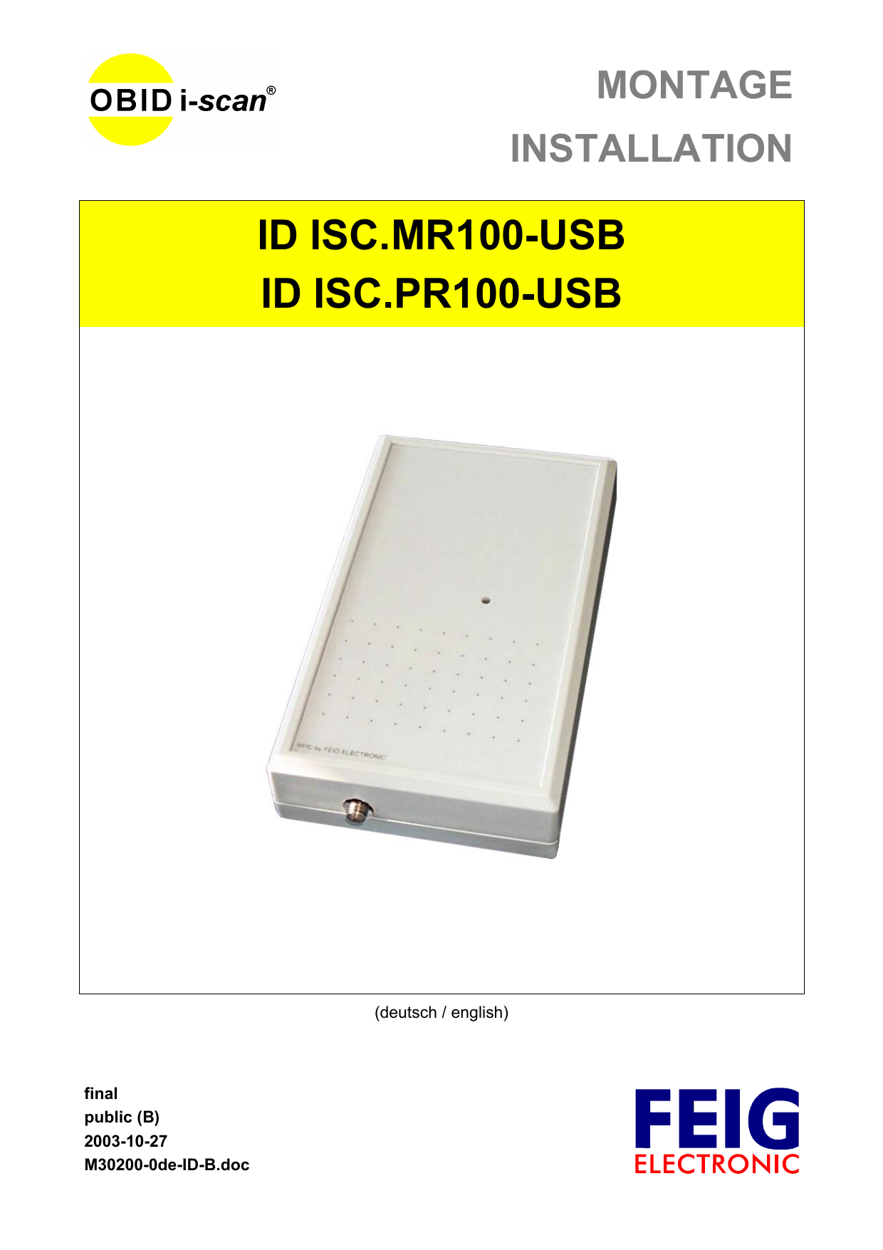 Feig Electronic OBID i-scan ID ISC.MR100-USB Installation manual | Manualzz