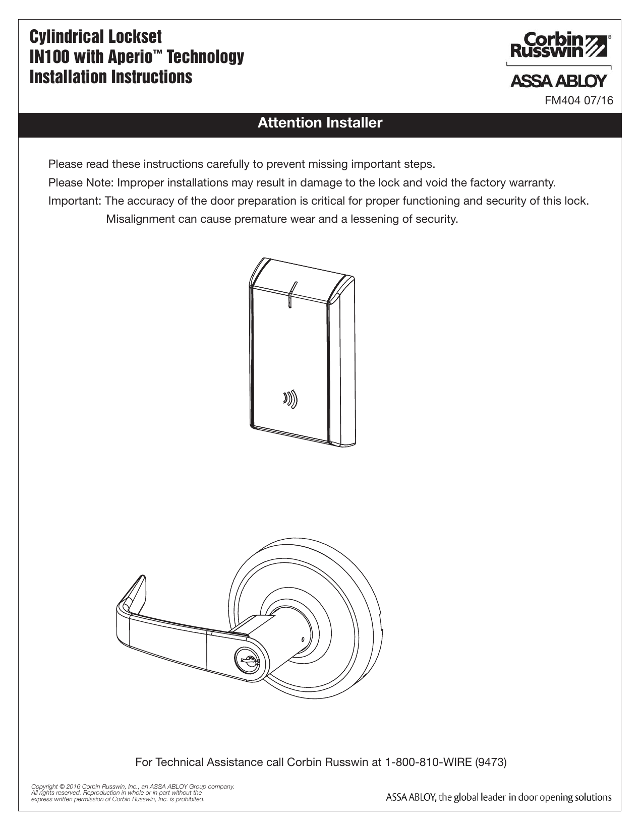 Cylindrical Lockset IN100 with Aperio™ Technology Installation | Manualzz