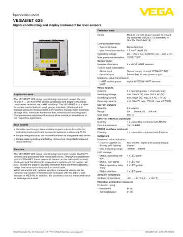 Vega VEGAMET 625 Controller and display instrument for level sensors ...